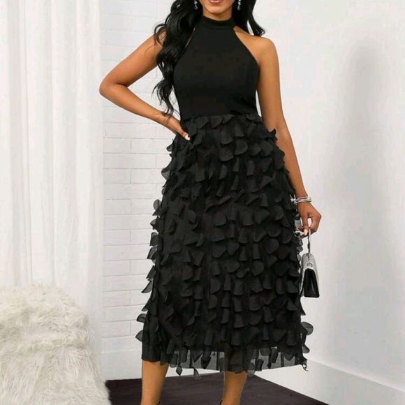 AA Collection | Dresses | Classic Black Halter Neck Appliqu Evening ...
